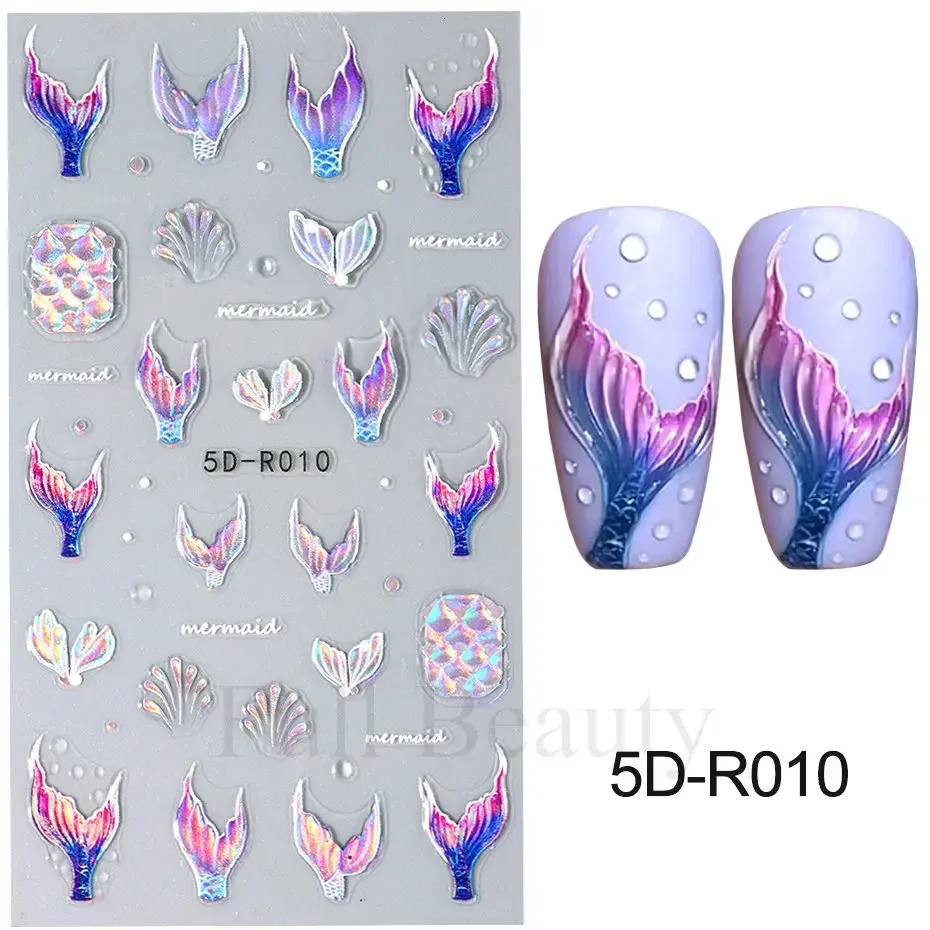 3D Mermaid Tail Nail Stickers, Jelly Holographic Shell, 5D Cute Cartoon ...