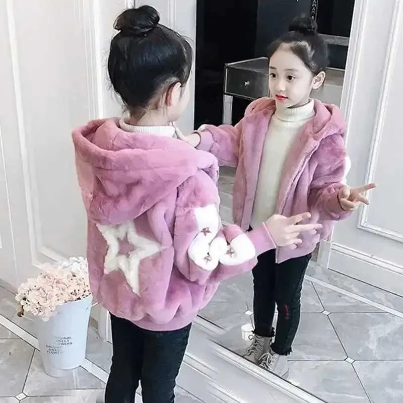 Girl's Warm Hooded Plush Coat: Autumn & Winter Star Pattern Overcoat ...