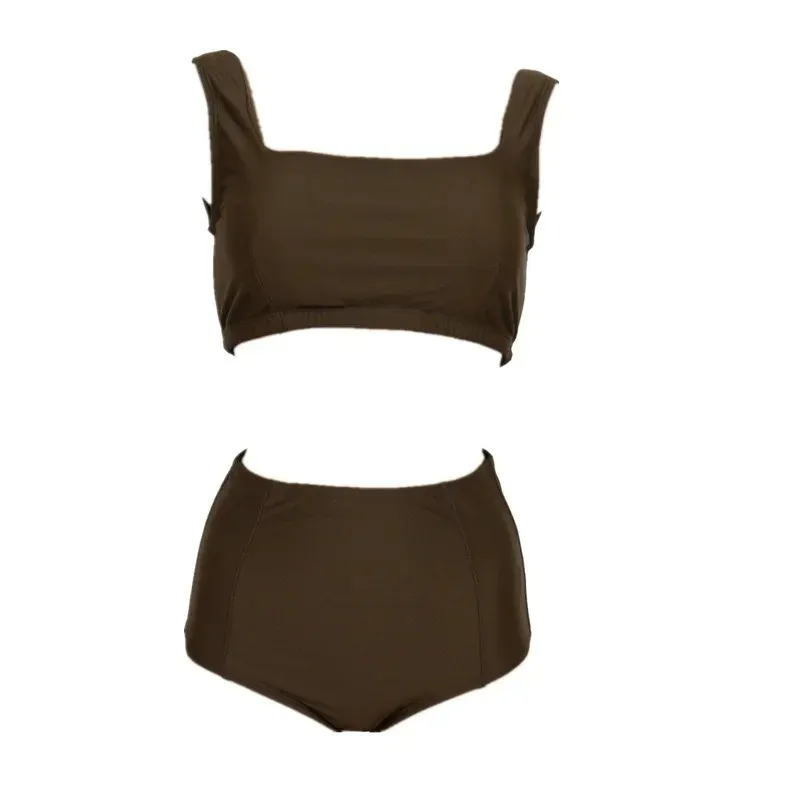 High waist swimsuit for women with solid color retro vintage design and ...
