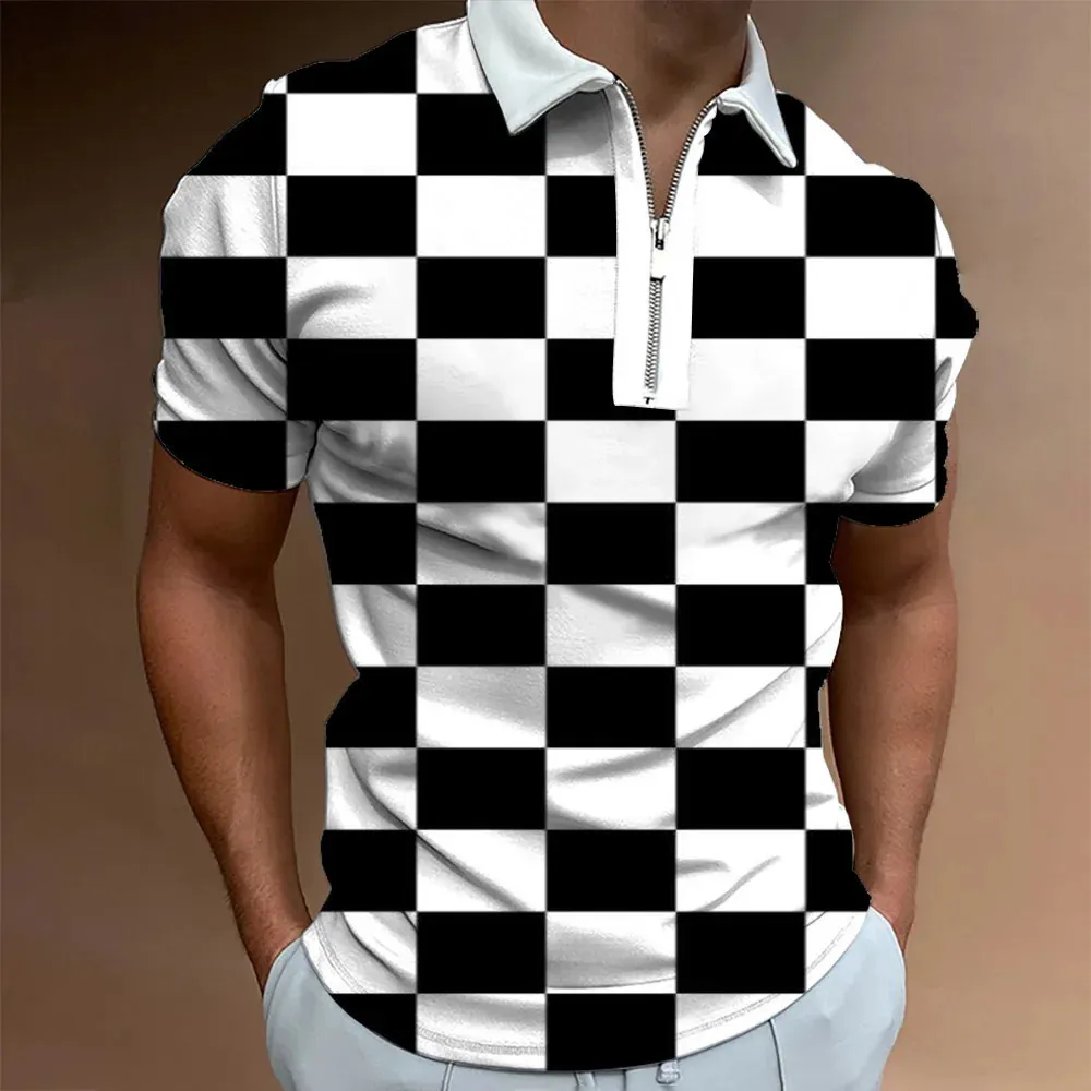 241121 Black And White Checkered 3D Printed Mens Polo Shirt Retro Short ...