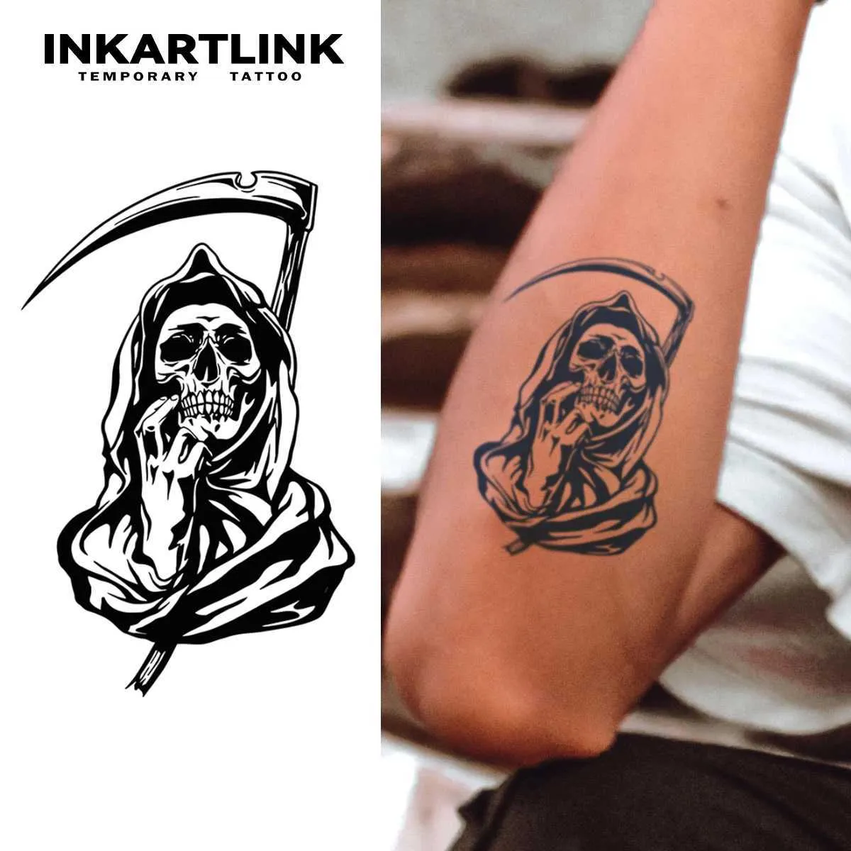 Waterproof Temporary Scythe Skull Tattoo Sticker, 15-Day Lasting Magic ...
