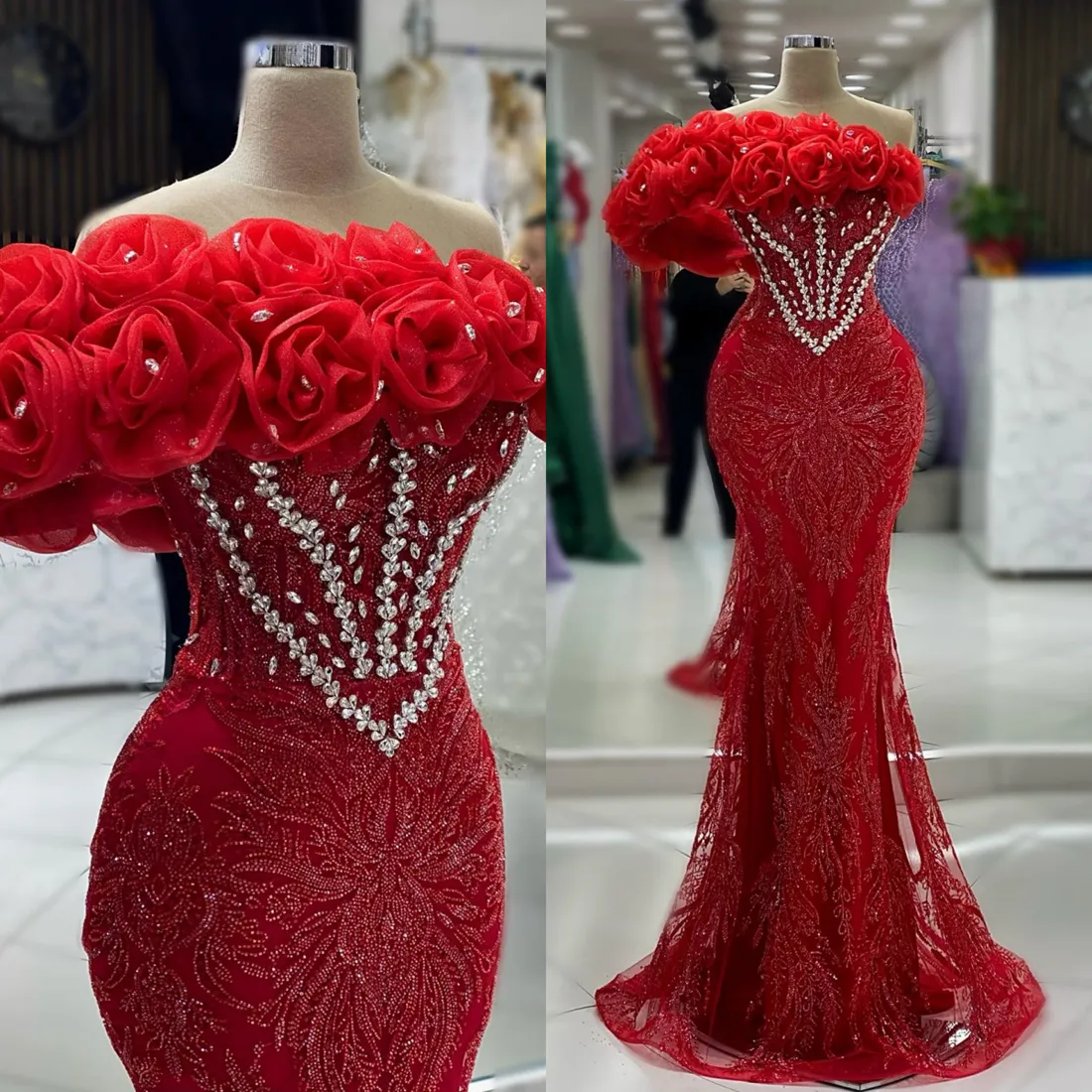 Elegant Red Prom Dresses : Sheer Neck Beaded Lace Rhinestone Evening ...