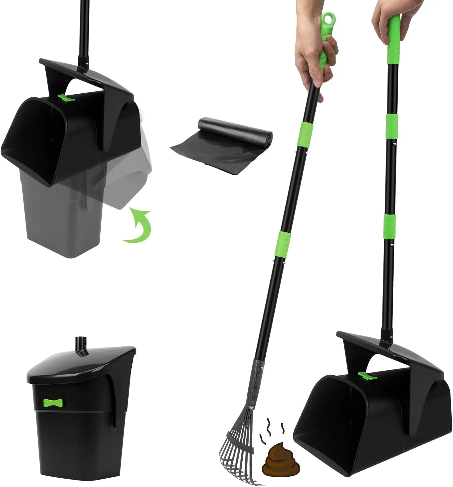 Long Handle Dog Poop Scooper with Swivel Bin & Rake - Heavy Duty Design ...