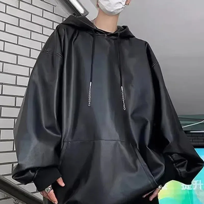 Premium Black Faux Leather Hoodie Jacket for Men - Spring/Fall Casual ...