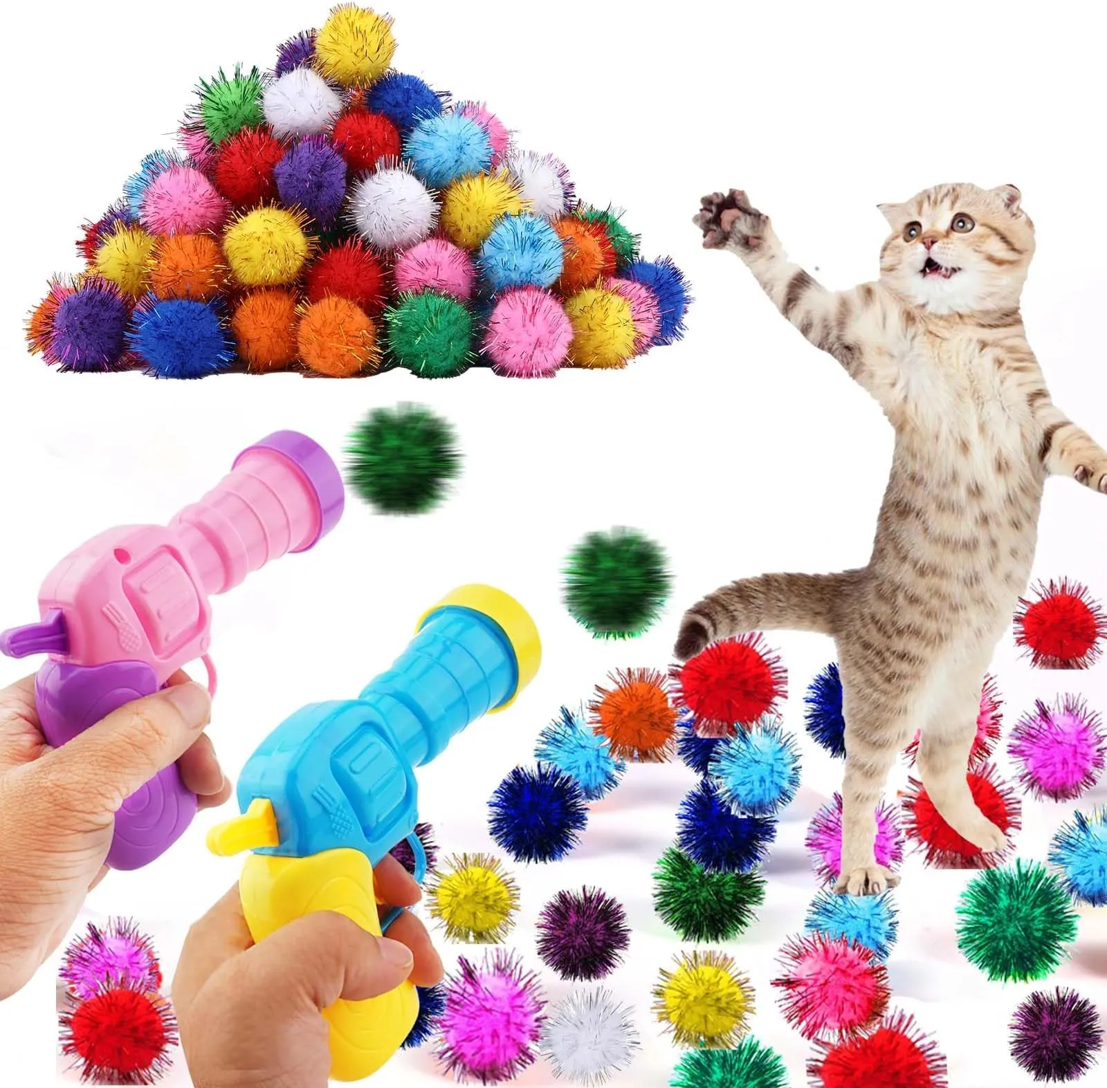 Interactive Cat Ball Launcher Toy Gun with 30 Glitter Pom Poms - Fun ...