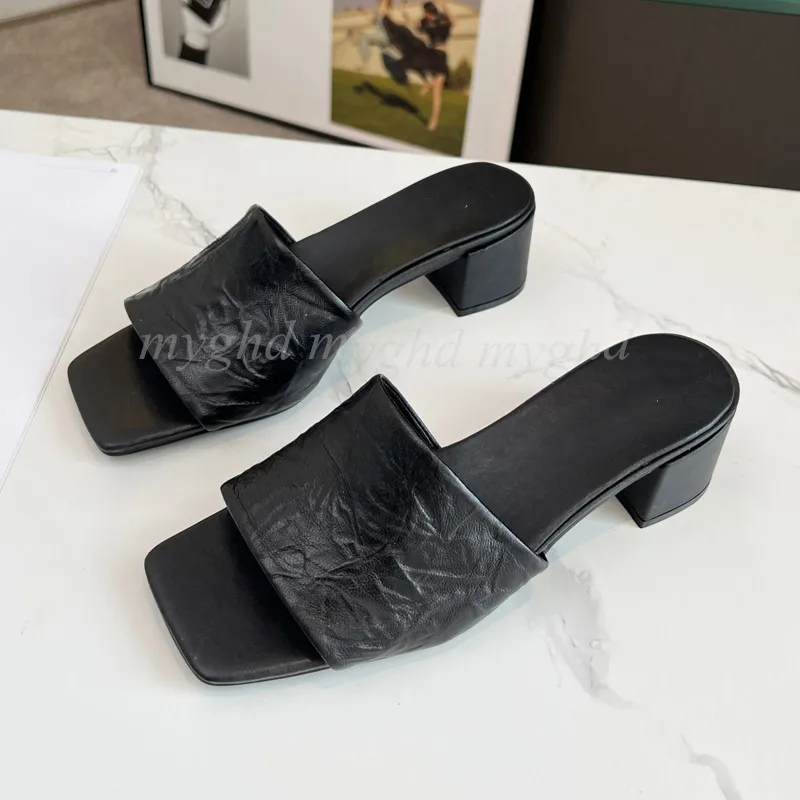 Top Quality Womens Wrinkled Leather Slippers Medium & Thick/Thin Heels ...