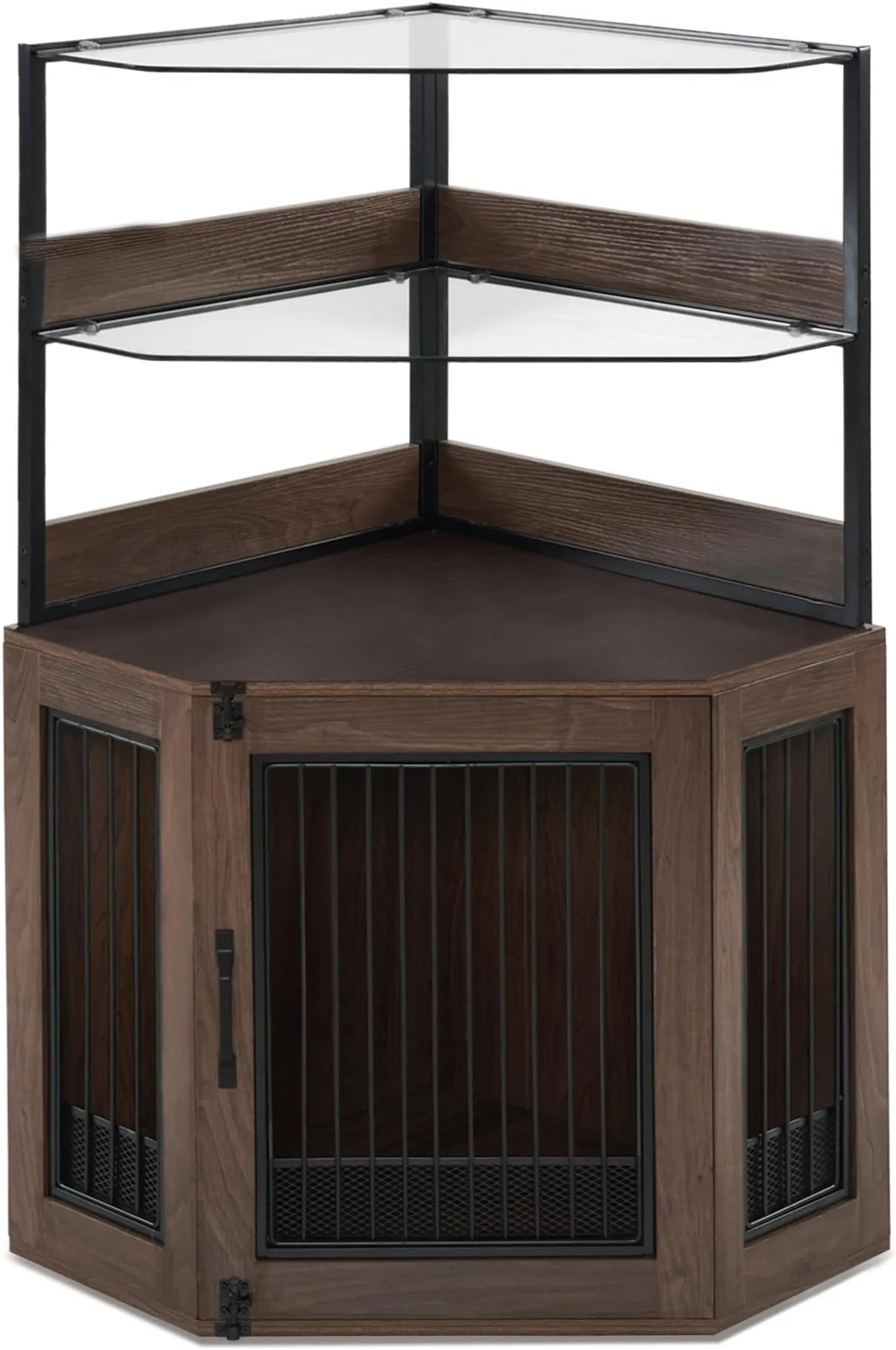 MCombo Wooden Corner dog cage crate with Glass Shelves, Door, and Pet ...