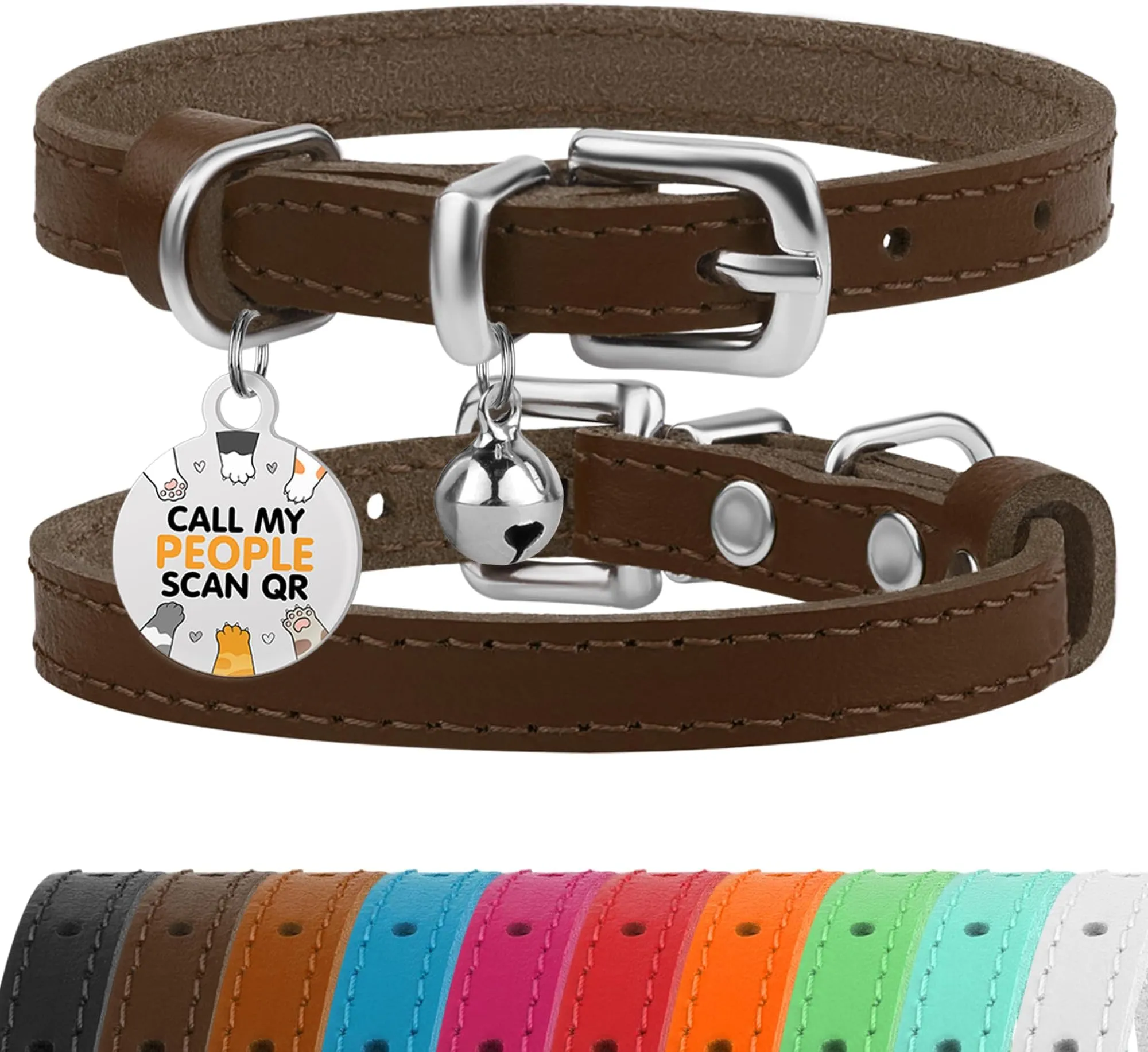 Premium Leather Kitten Collar with Bell & QR Tag - Adjustable Cat ...