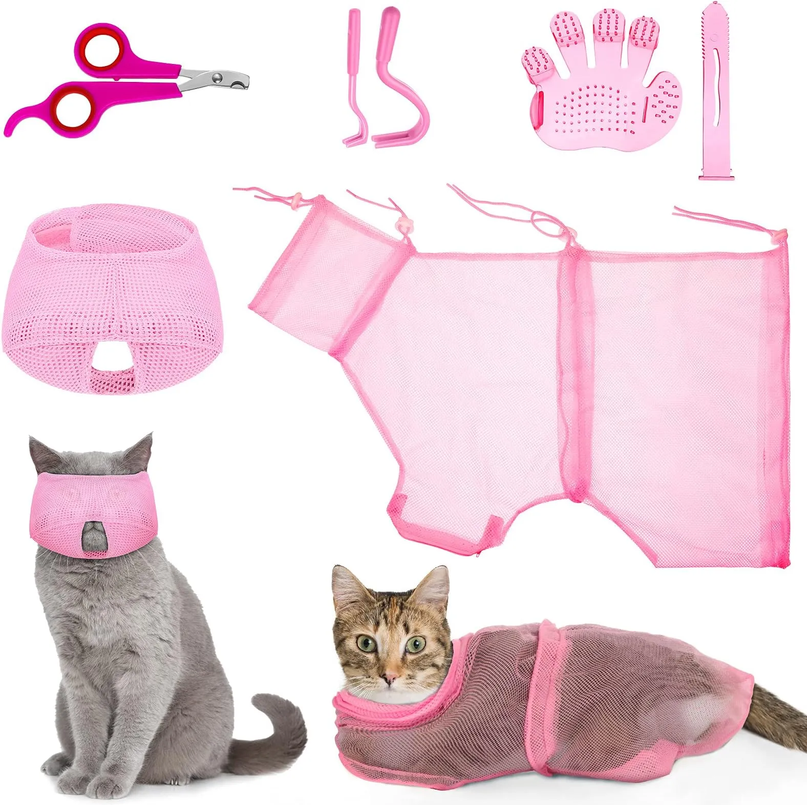 Cat Grooming Kit: Bathing Bag Set, Muzzle, Nail Clipper, Tick Remover ...