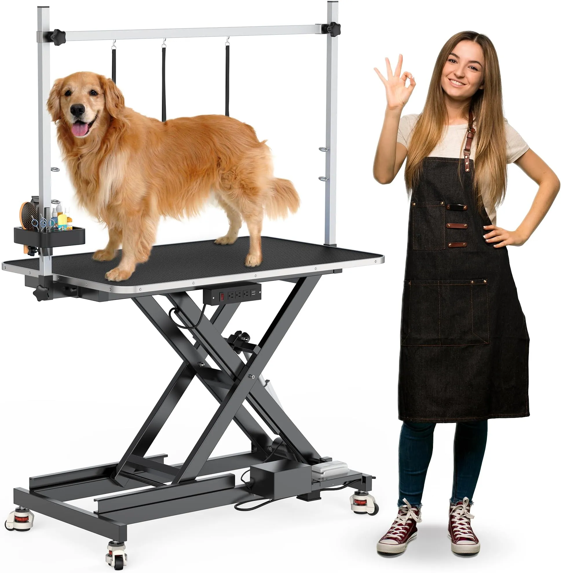 Heavy Duty Dog Grooming Station with Leveling Wheels & Tool Organizer ...