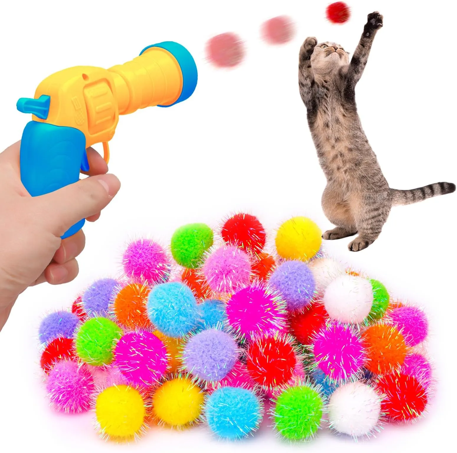 Interactive Cat Toy Balls Set - 80 Glitter Pom Poms with Launcher! Safe ...