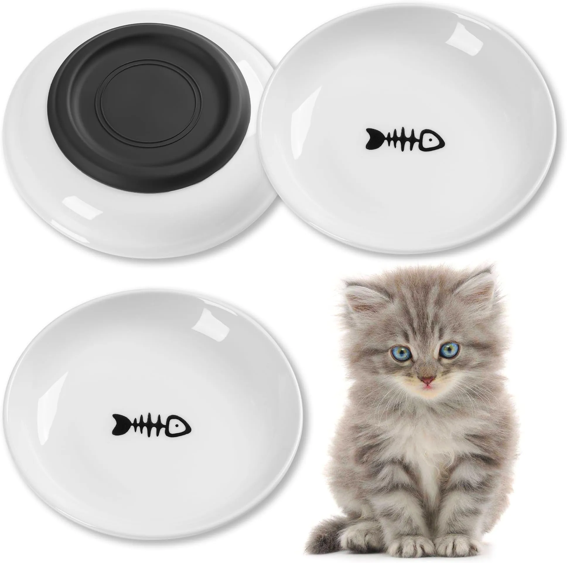 Whisker-Friendly Cat Food Bowls, Set of 3. Quiet, Nonslip Ceramic ...