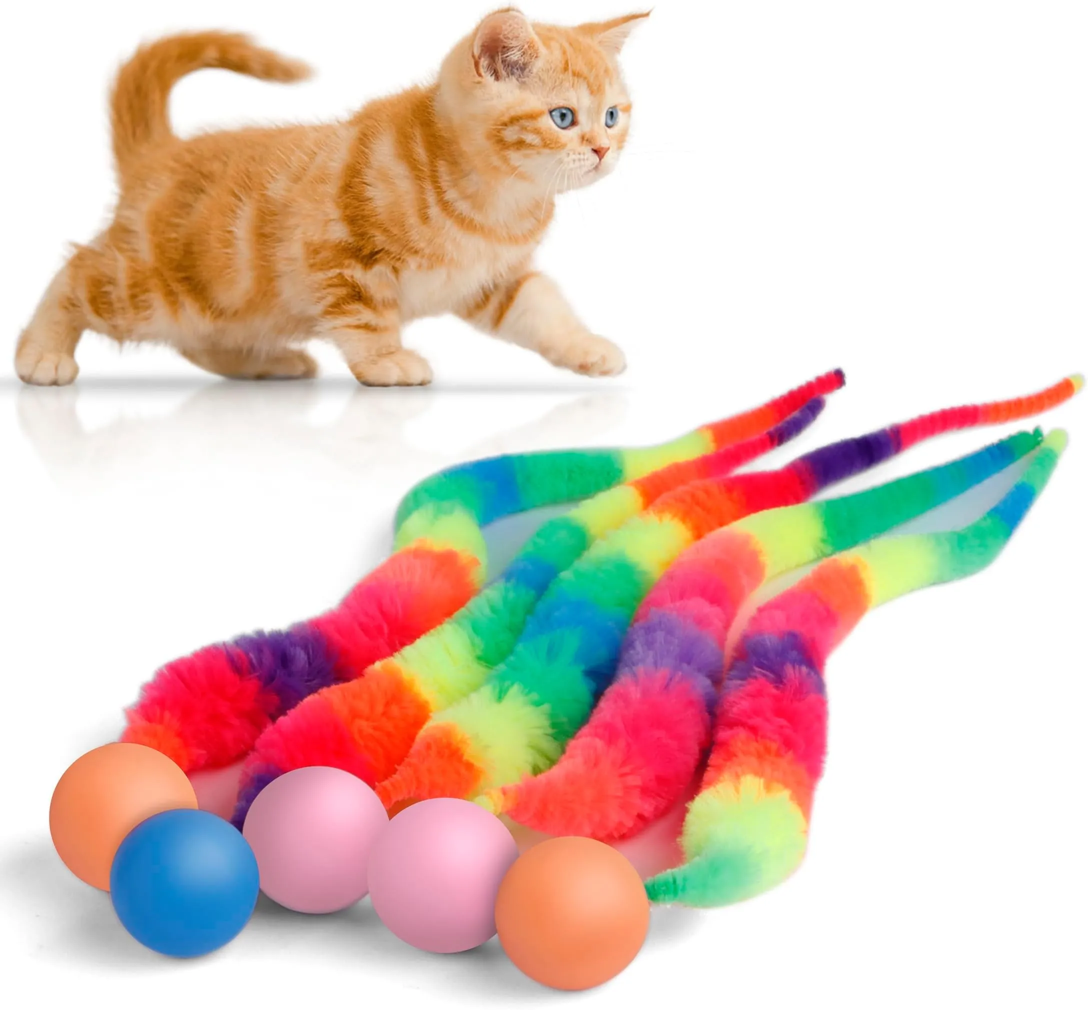 Bouncy Ball with Tail Cat Toys - 5 Pack Fuzzy Worm Play Balls, Round ...