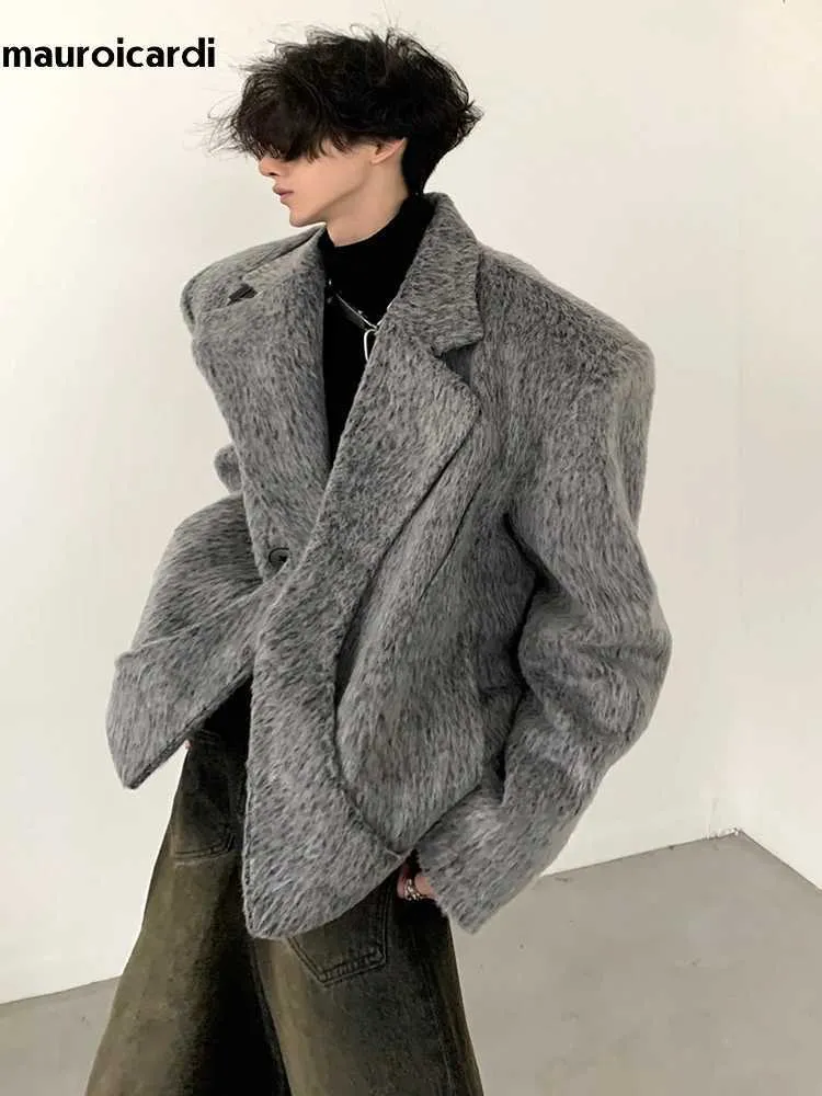 Mens Wool Blend Jacket Grey Thick Fluffy Wool Coat Autumn Winter Sports ...