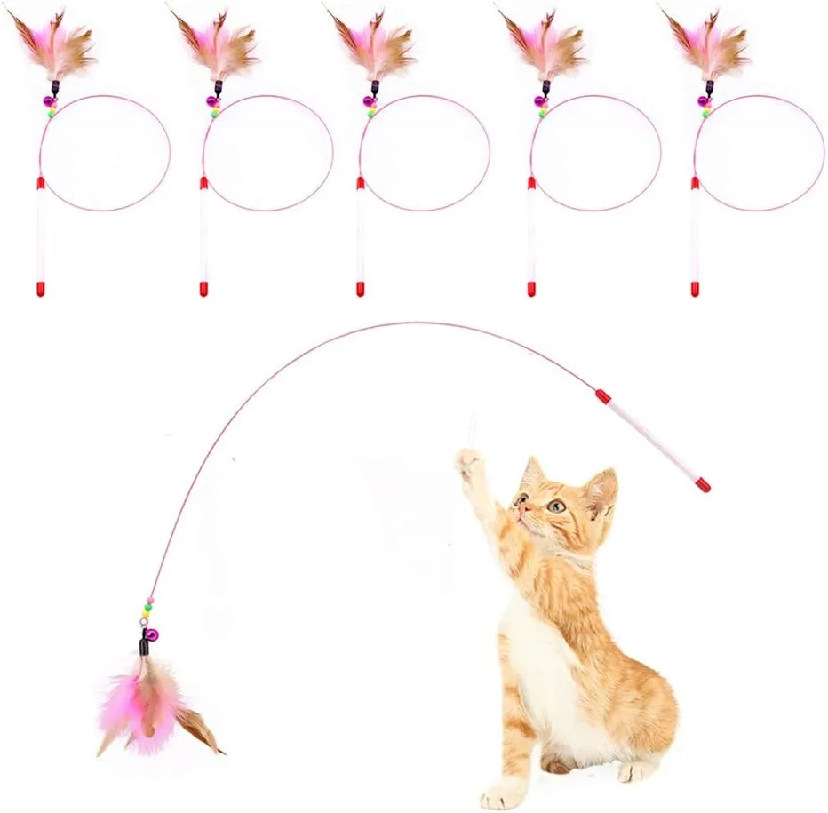 Interactive Cat Toys Wand - 5 Pack Feather Teaser for Playful Kittens ...