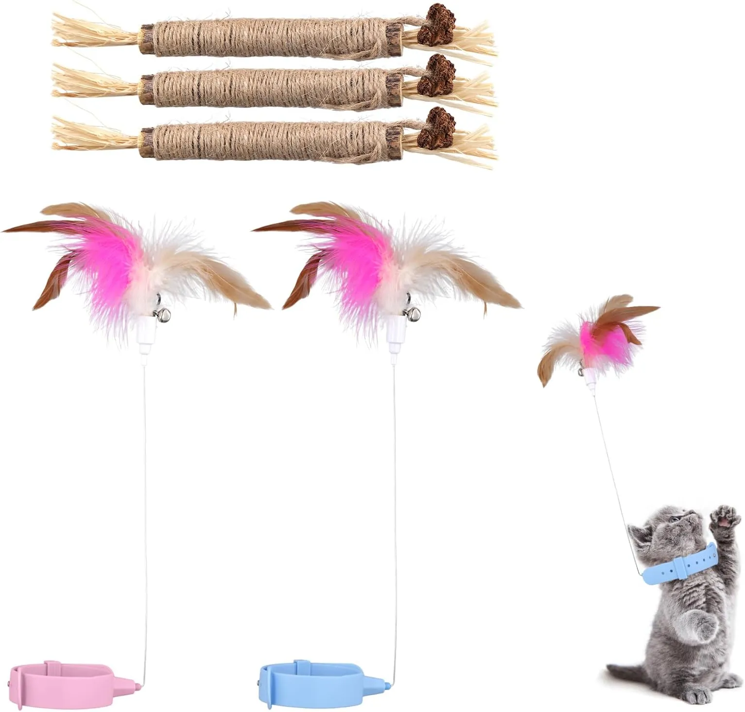 Interactive Cat Toys Set: 2 Collar Toys & 3 Teaser Wands! Adjustable ...