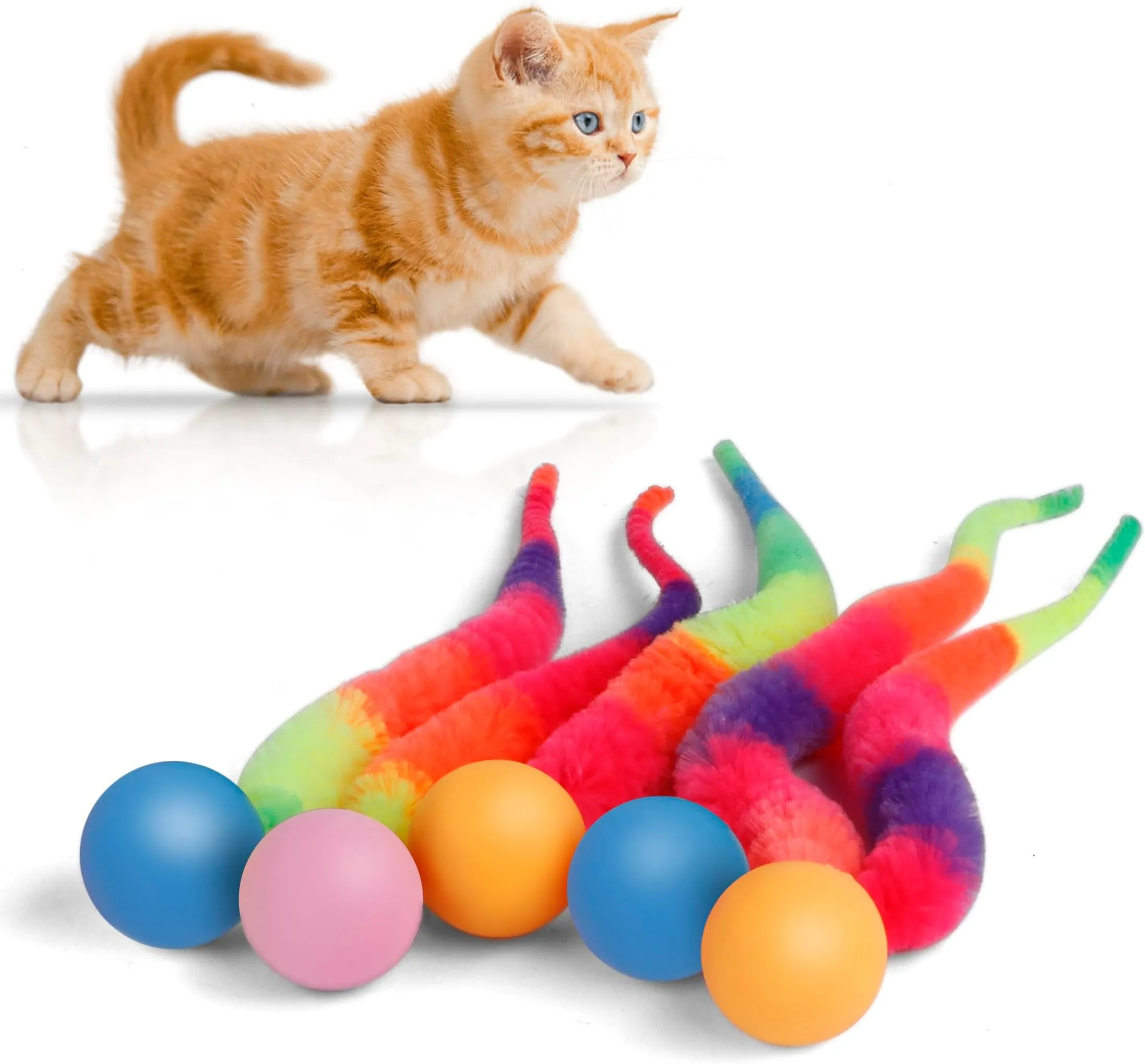 Bouncy Ball with Tail Cat Toys 5 Packs, Large Magic Worm Fluorescent ...