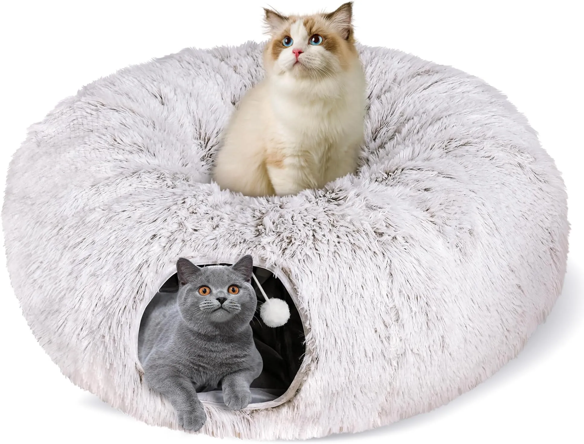 Cozy Cat Tunnel Bed: Peekaboo Cave with Soft Mat, Grey Furry Tube for ...