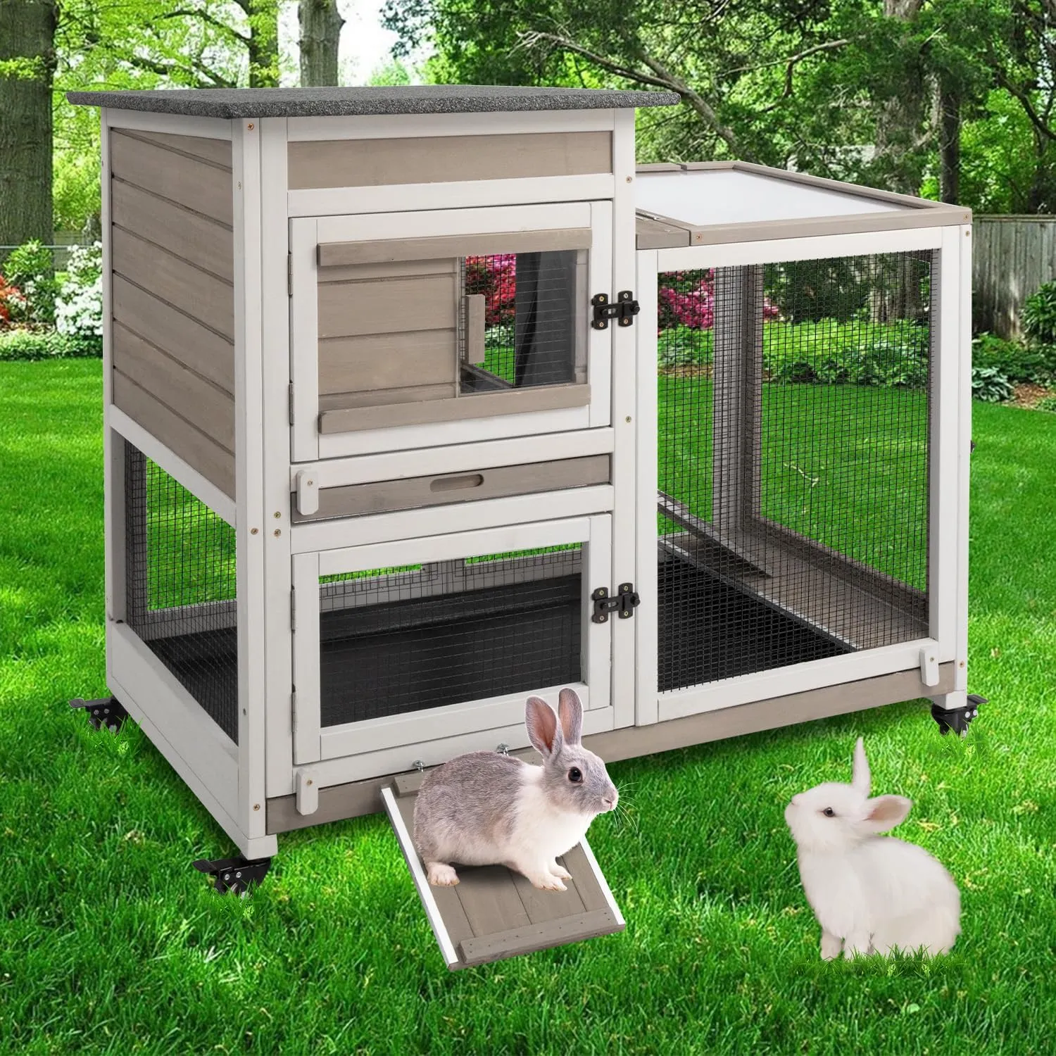 Ketive Large Rabbit Hutch Indoor Outdoor, 2 Story Bunny Cage Bunny ...