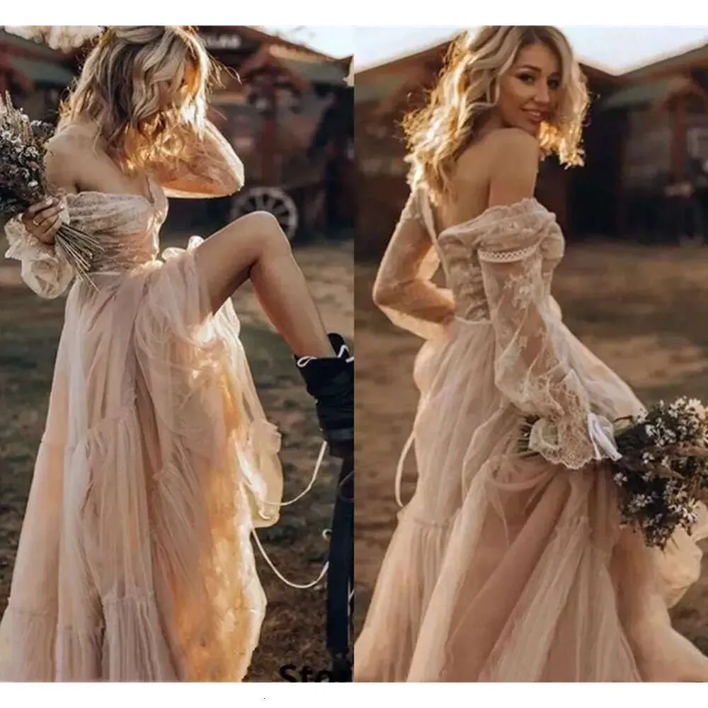 Rustic Champagne Lace Farm Bohemian wedding attendee dress with V-Neck ...