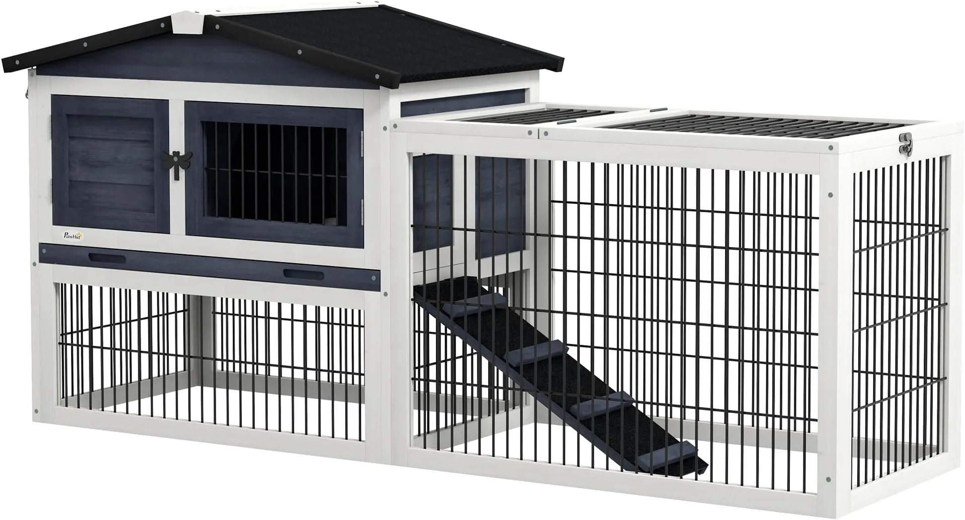 Wooden 2 Story Small Animal Enclosure With Run Area, Dark Gray Rabbit ...