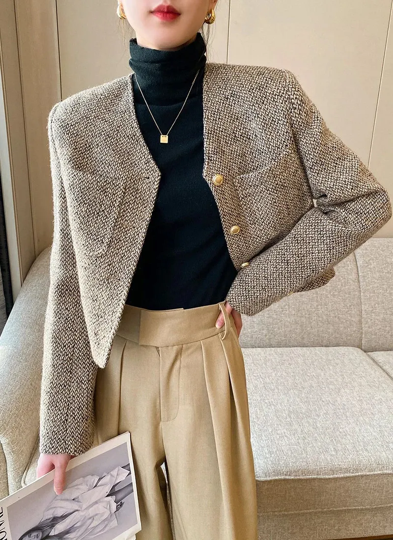 MEXZT Vintage Cropped Tweed Jacket Women Short Single-Breasted Blazer ...