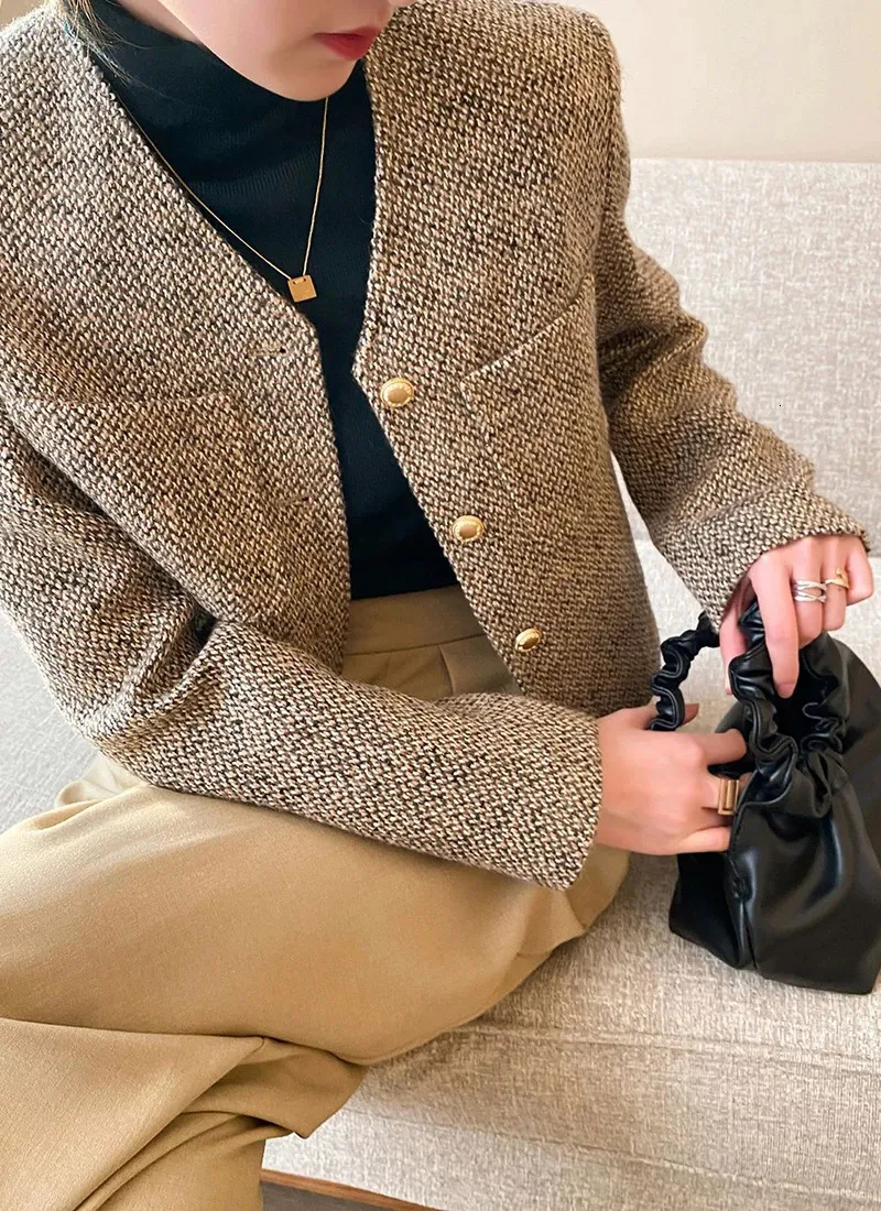 MEXZT Vintage Cropped Tweed Jacket Women Short Single-Breasted Blazer ...