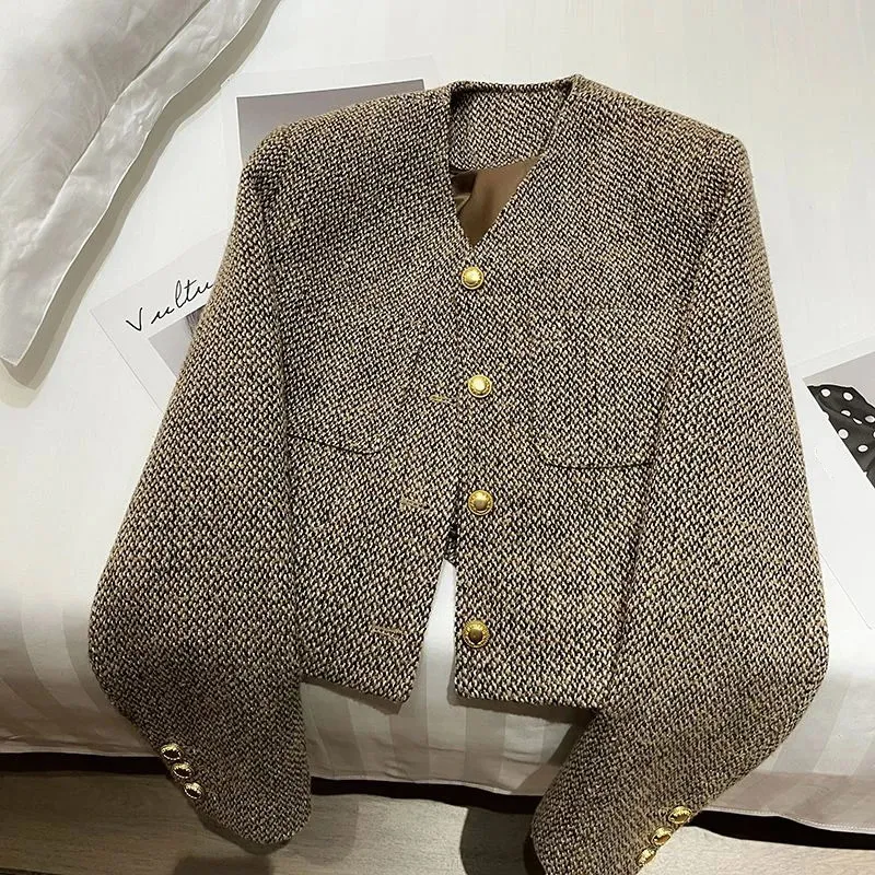 MEXZT Vintage Cropped Tweed Jacket Women Short Single-Breasted Blazer ...