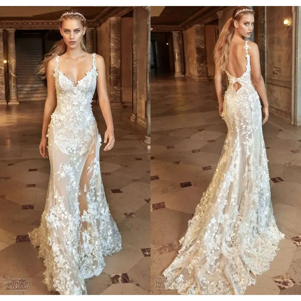 Sheer Floral Lace Mermaid Wedding Dress with See-Through Backless ...