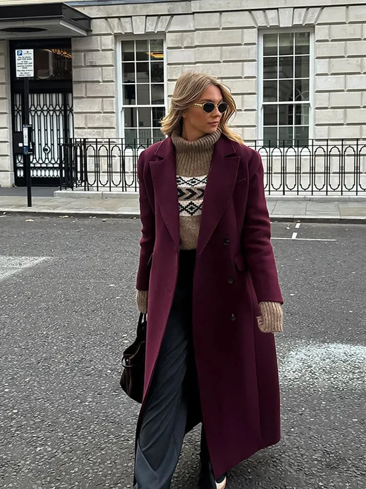 Premium Red Long Wool Coat - Elegant Women's Double-Breasted Style ...