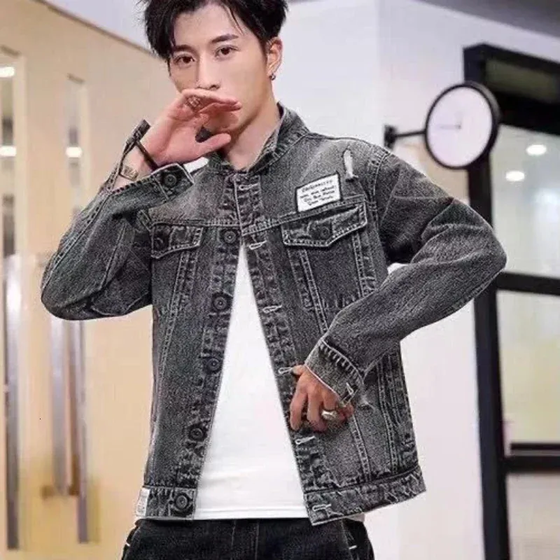 Autumn Men's denim jean jacket Patch with Spliced Punk Autumn Men's denim jean jacket Patch with Spliced Punk