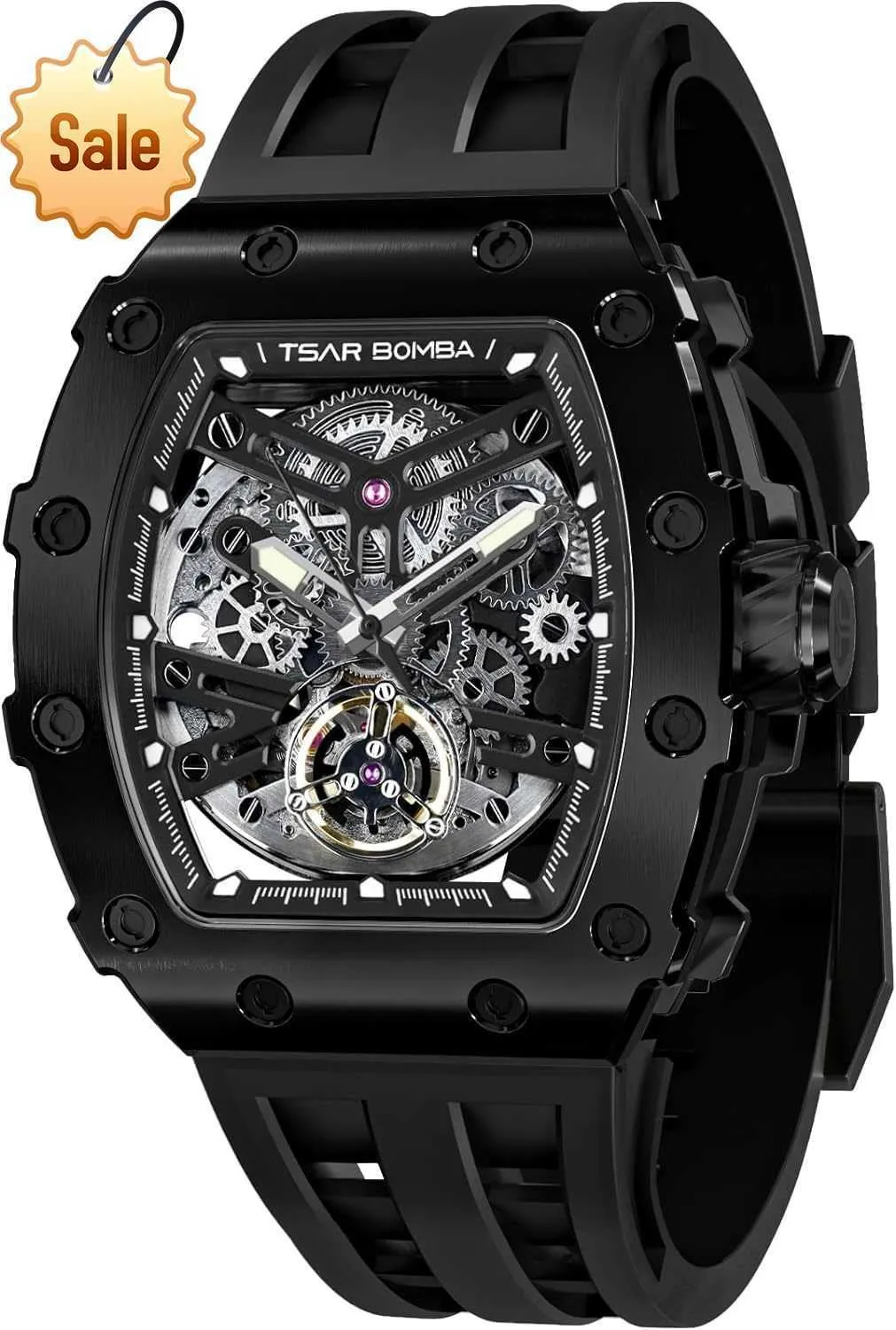 TSAR BOMBA Tonneau Luxury Hollow Out Automatic Skeleton Watch For Men ...