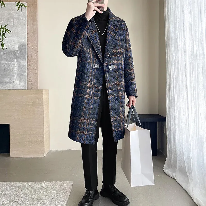 Men's British Jacquard Tweed Trench Coat Mens Autumn/Winter Medium Long ...