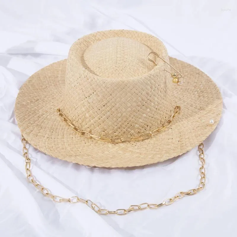 Luxury Wide Brim Straw Hat With Chain With Metal Chain For Women ...