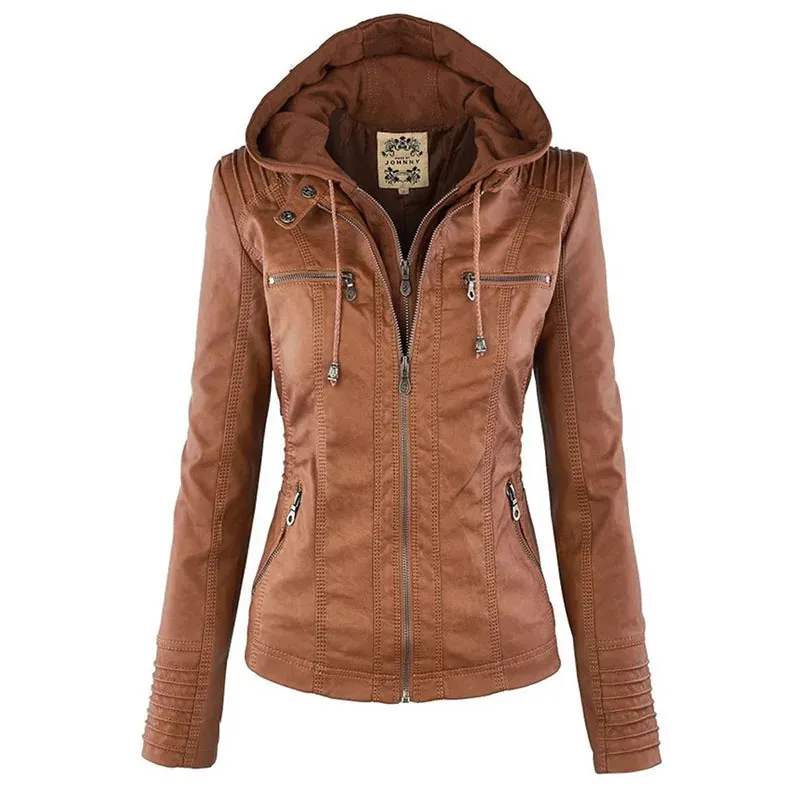 Khaki Faux Leather Motorcycle Jacket Women's Winter Hooded Coat - Shop ...