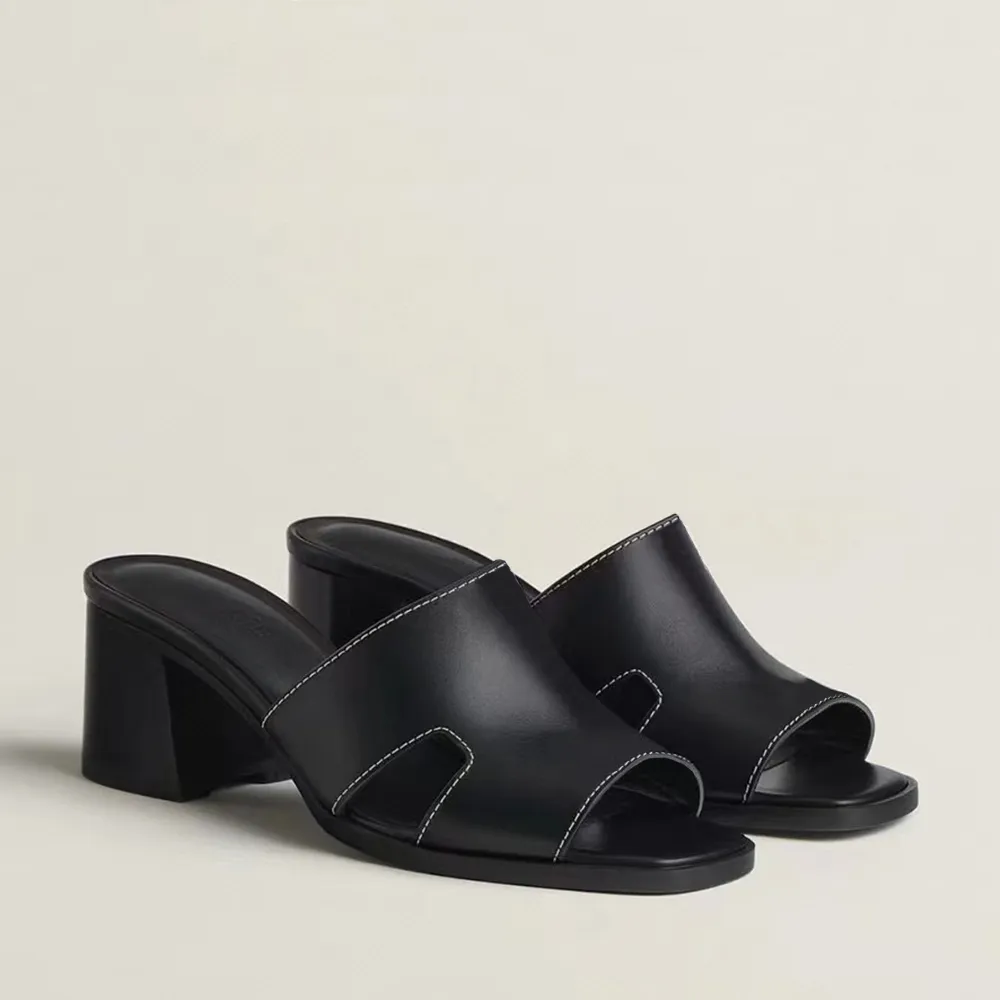 Women's Calfskin Thick Heel Slippers Mules Sandals 6cm Block Heel ...