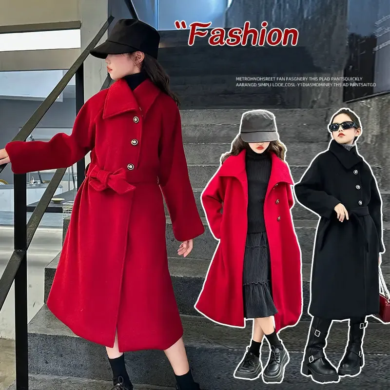 Girls' Long Red Wool Coat: Stylish Double-Breasted Winter Windbreaker ...