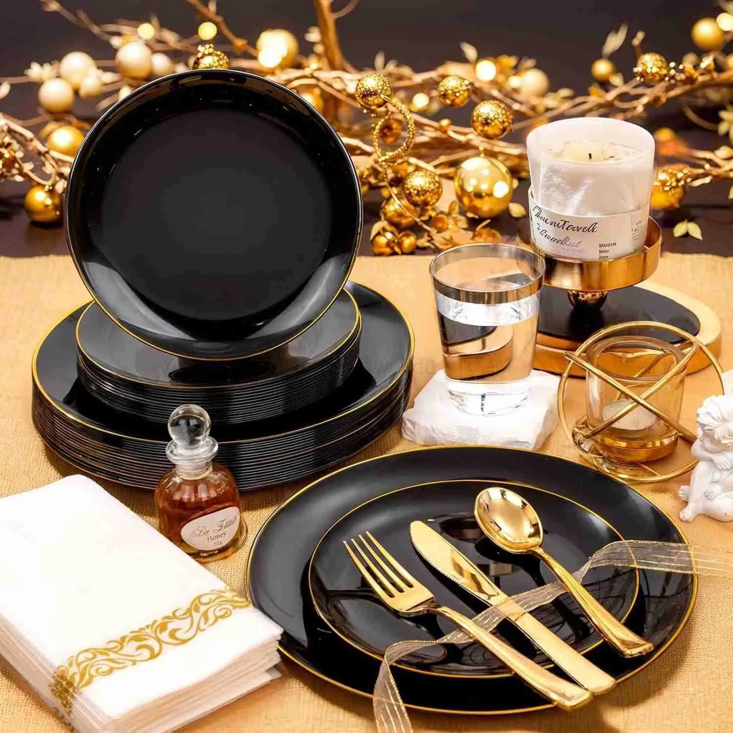 Disposable Plastic Gold Rim Dinner Set In Black And Hot Gold For Western Dinner Wedding And Party Includes Cutlery And Cake Plate X241129 From Fashion world01 42.9 DHgate.Com