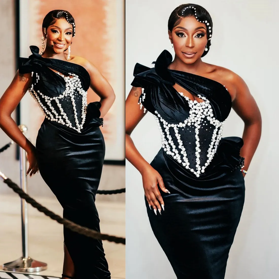 Plus Size Black One Shoulder Black Beaded Prom Dress With Pearls And ...
