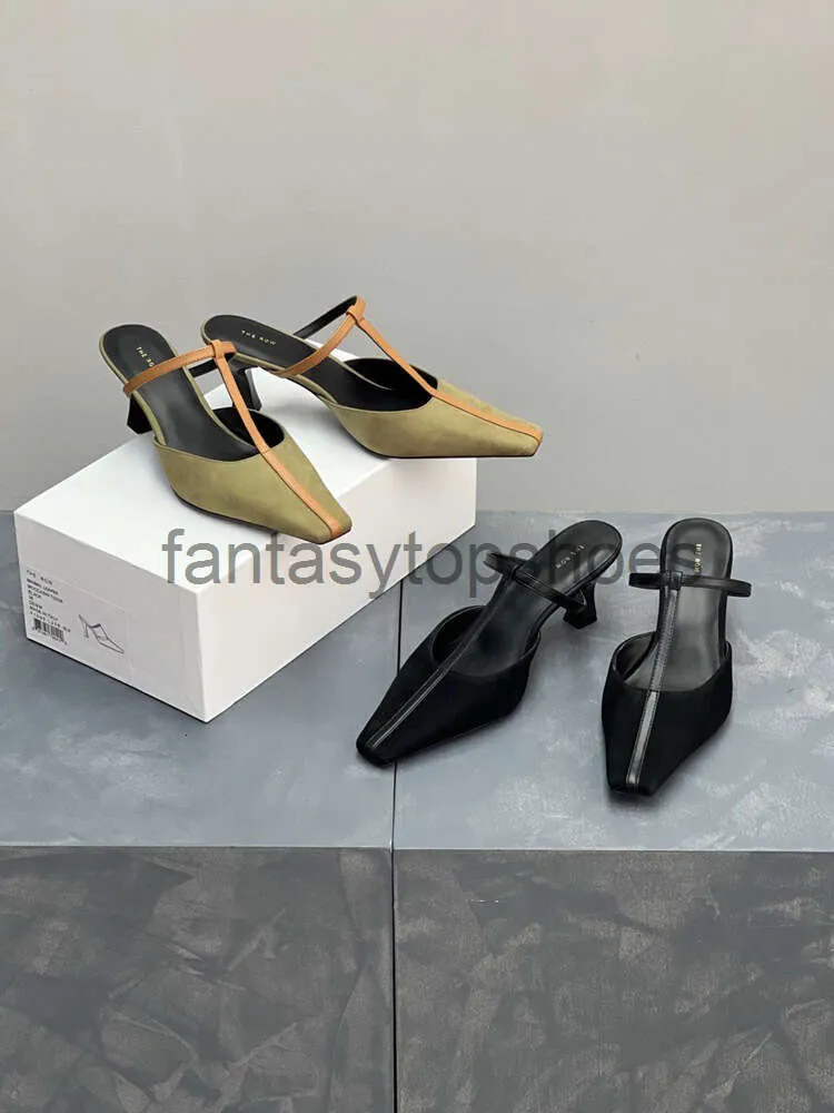 Small Heel Genuine Leather French Square Toe T-Strap Wrapped Half ...