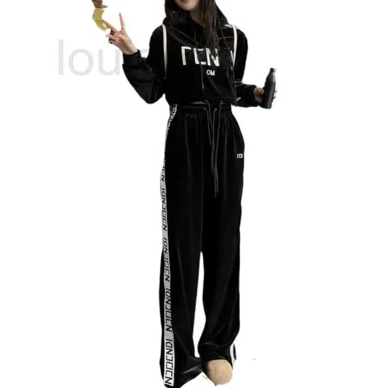 Women's Black Velvet Tracksuit Set With Hooded Pullover And Straight ...