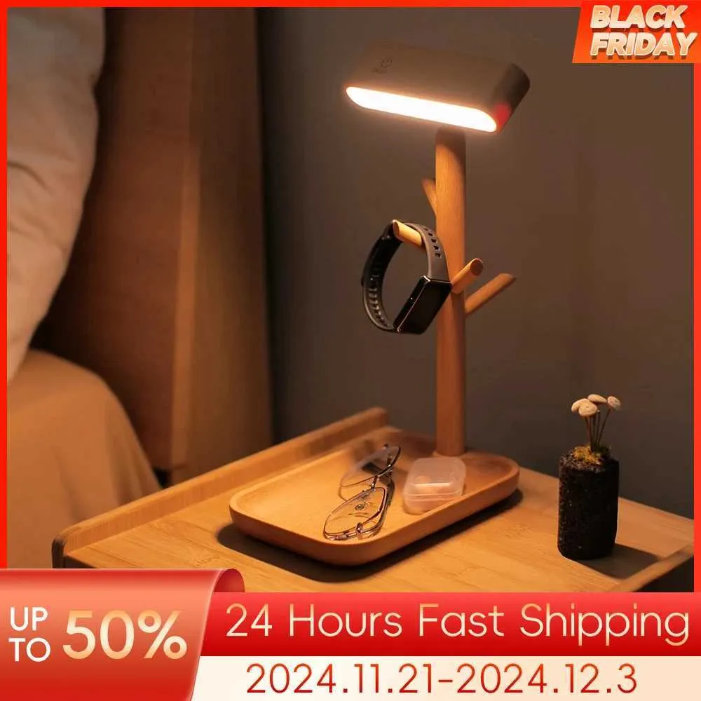 Dimmable Desk Lamp, LED Wood Table Lamp With Branches Storage Tray ...
