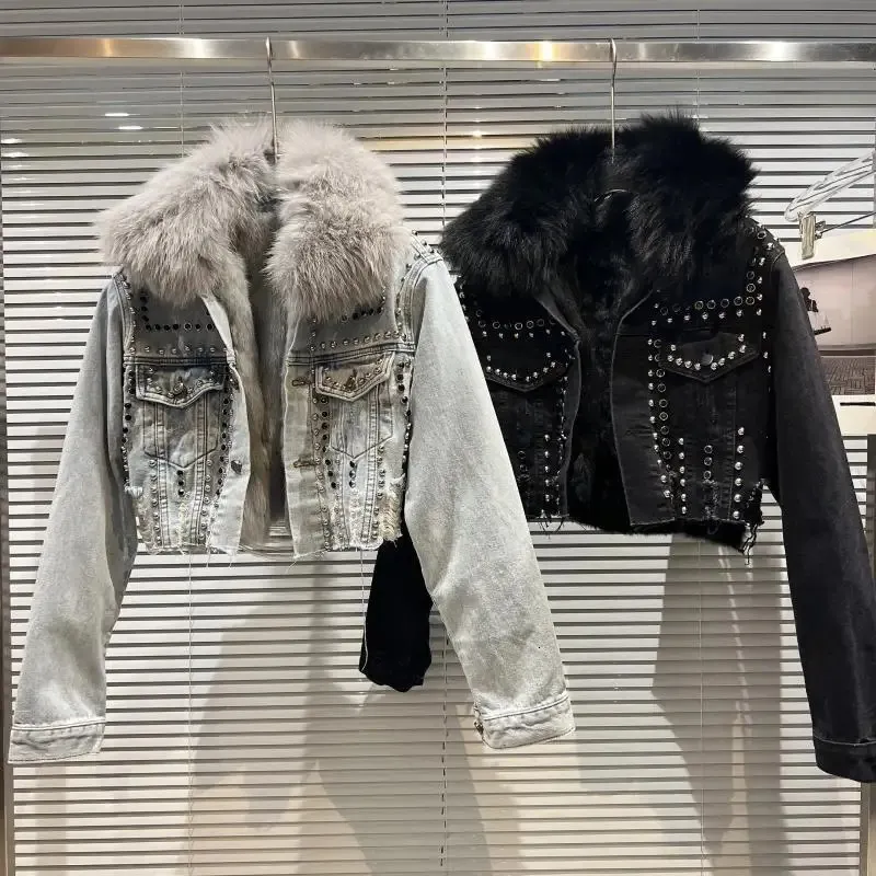 Distressed Denim Jacket Women's - Faux Fur Trim, Embroidered, Black ...