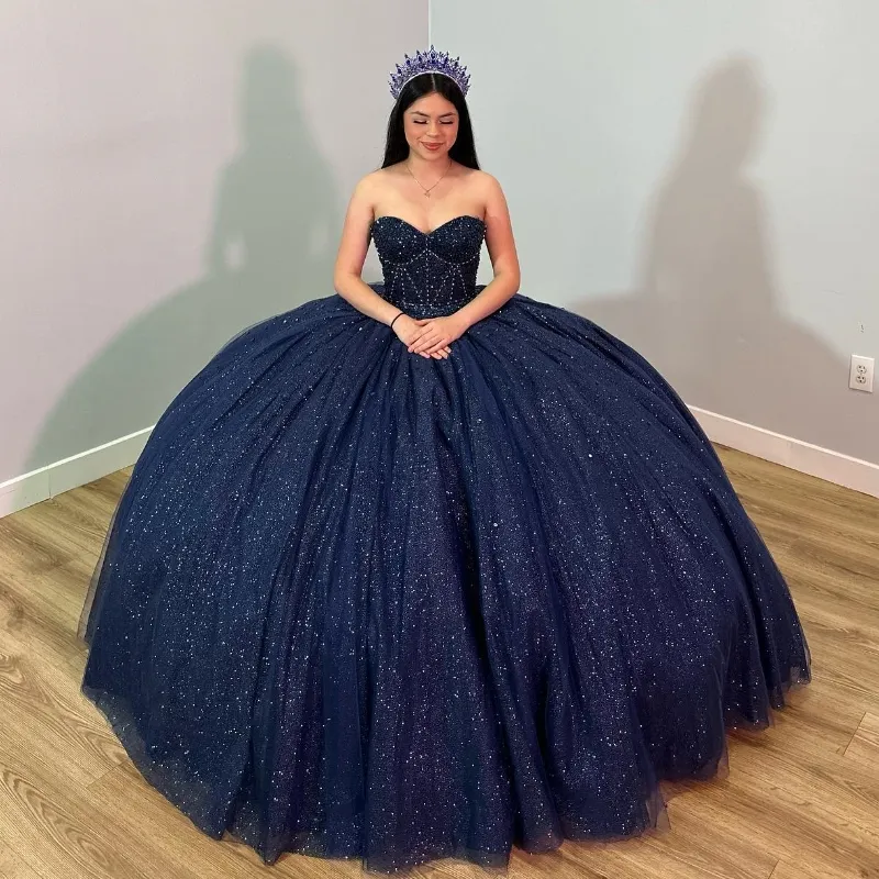 Quinceanera Dress With Off Shoulder Corset And Beads Sparkling Navy ...