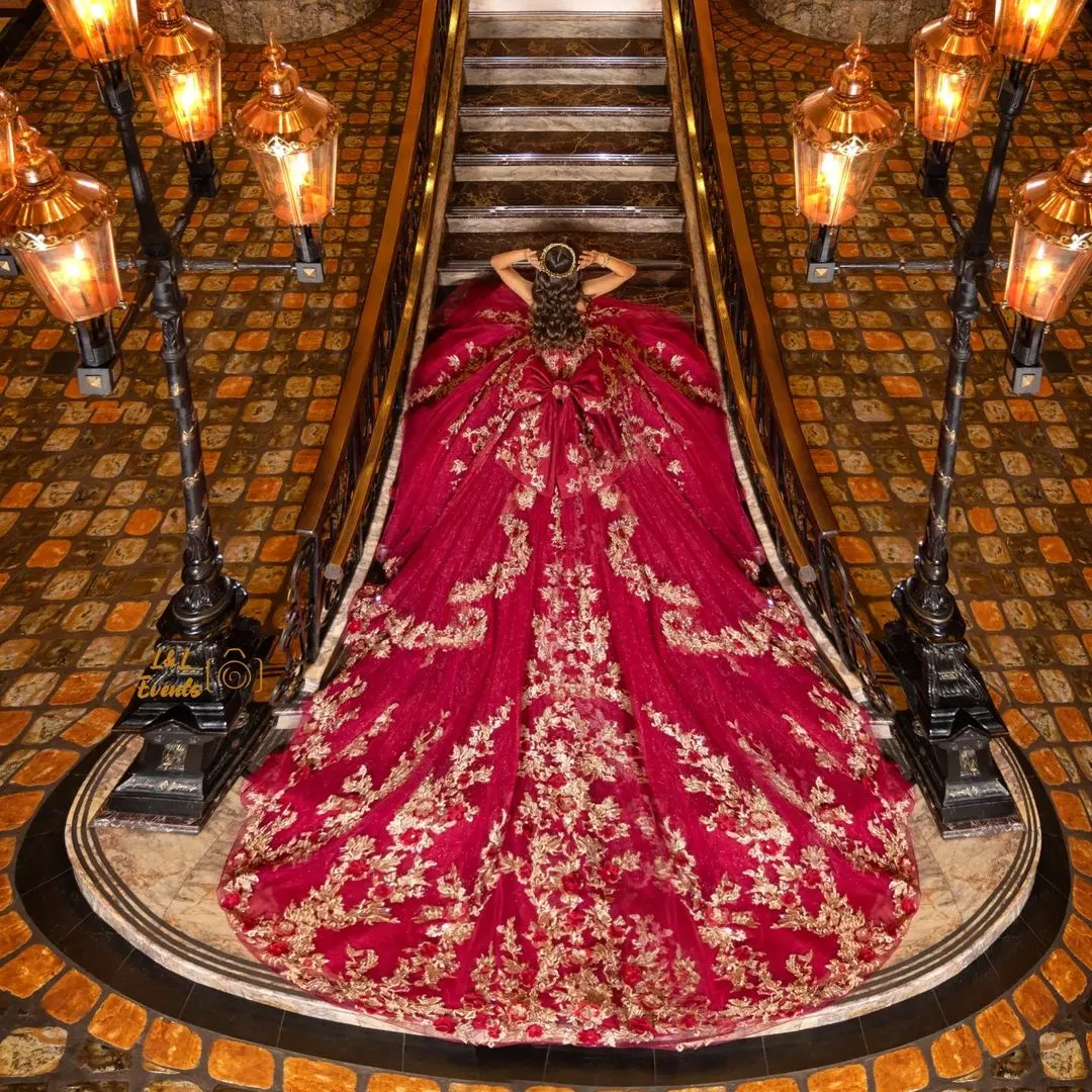 Custom Luxury Red Quinceanera Dress With Appliques, Sequins & Beading ...