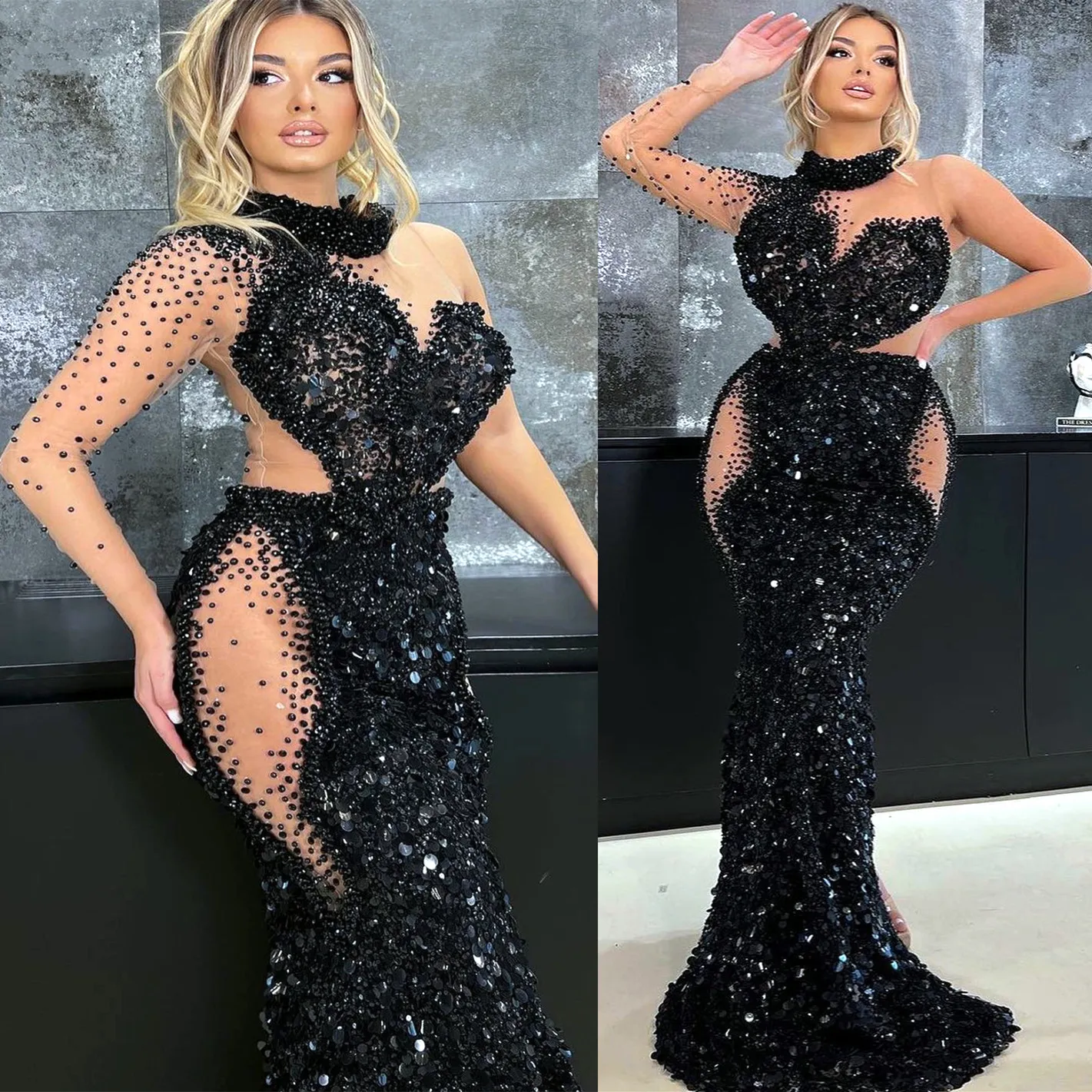 2024 ASO EBI Black Mermaid Prom Dress Heeded High Splist Asevial Party ...