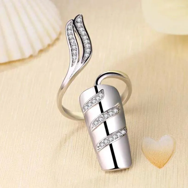 Rhinestone False Nail Set - Press On Nails, Silver Finger Nail Rings ...
