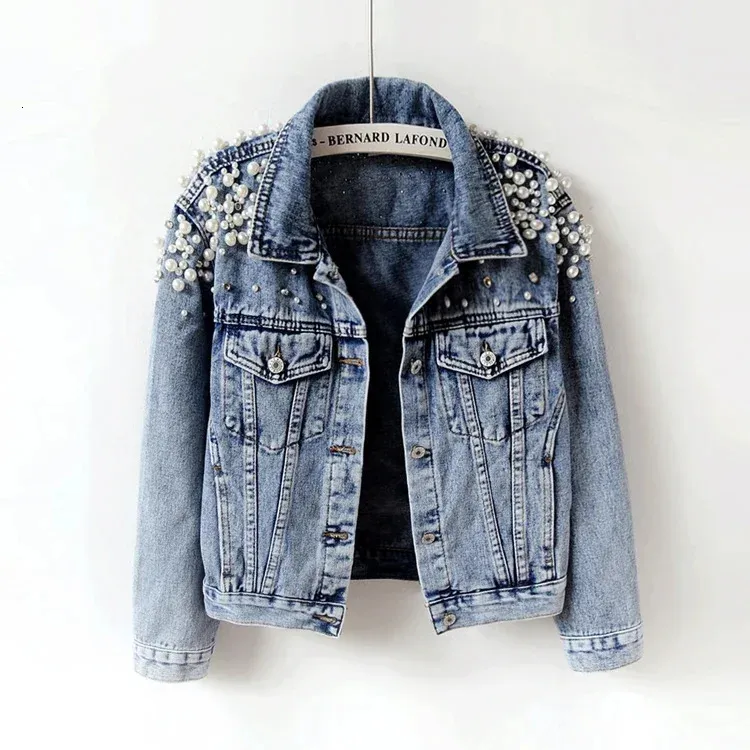 Pearl Embellished Denim Jacket - Women's Long Sleeve Blue Coat, Trendy ...