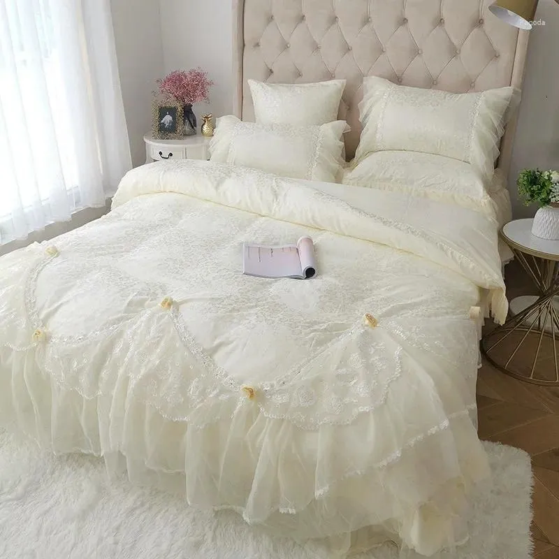 Luxury Korean Princess Bedding Set - Velvet Bed Skirt, Lace Edge 4 ...