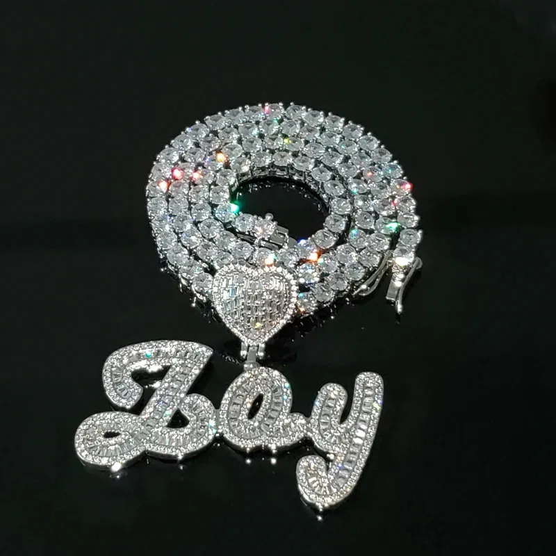Iced Out CZ Heart Name Tennis Chain Necklace: Custom Brush Design ...